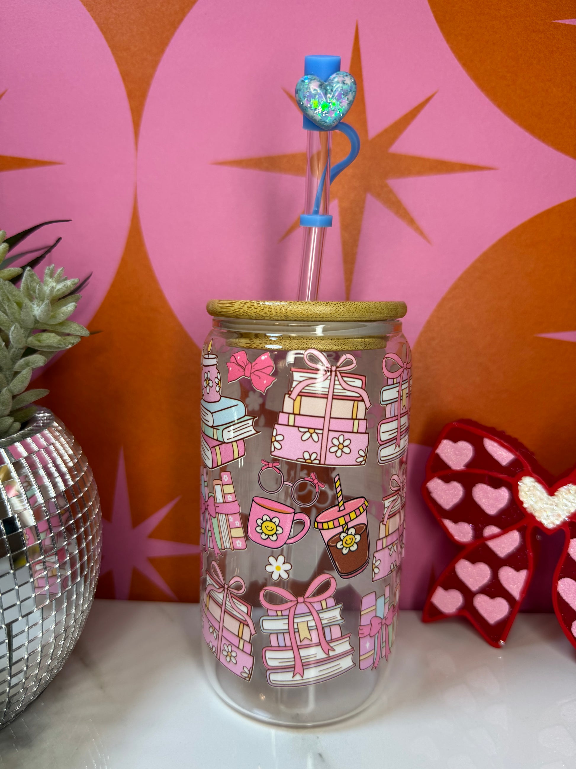 V Day Girlie Bookish Theme 16 Oz Glass Cup – Stay Golden Designss